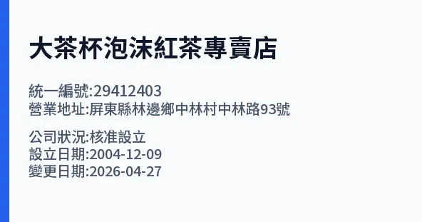 大茶杯泡沫紅茶專賣店的照片-統編 29412403(屏東縣) 公司登記資料與營業項目詳細圖表
