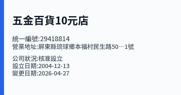 五金百貨10元店的照片-統編 29418814(屏東縣) 公司登記資料與營業項目詳細圖表