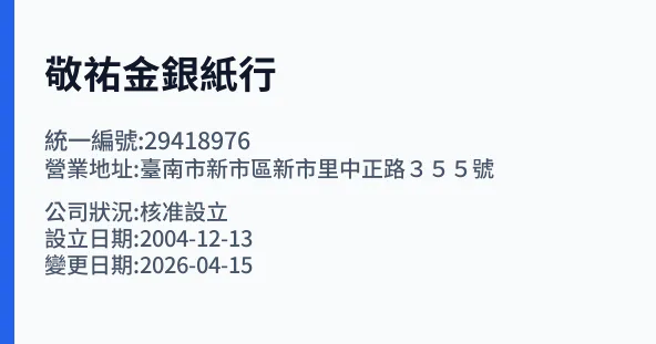 敬祐金銀紙行的照片-統編 29418976(臺南市) 公司登記資料與營業項目詳細圖表