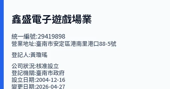 鑫盛電子遊戲場業的照片-統編 29419898(臺南市) 公司登記資料與營業項目詳細圖表