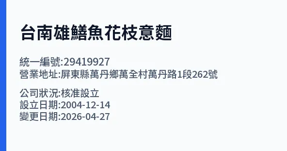 台南雄鱔魚花枝意麵的照片-統編 29419927(屏東縣) 公司登記資料與營業項目詳細圖表