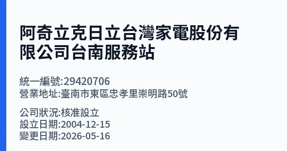 阿奇立克日立台灣家電股份有限公司台南服務站的照片-統編 29420706(臺南市) 公司登記資料與營業項目詳細圖表