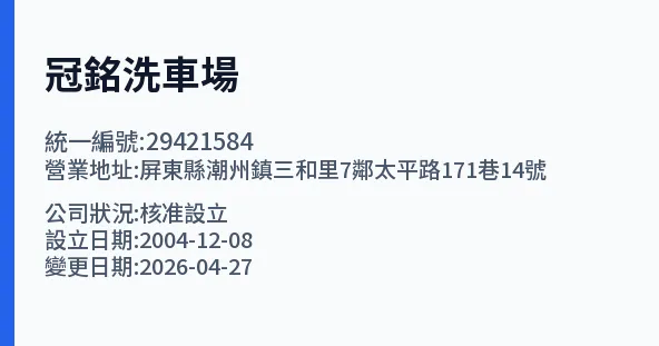 冠銘洗車場的照片-統編 29421584(屏東縣) 公司登記資料與營業項目詳細圖表
