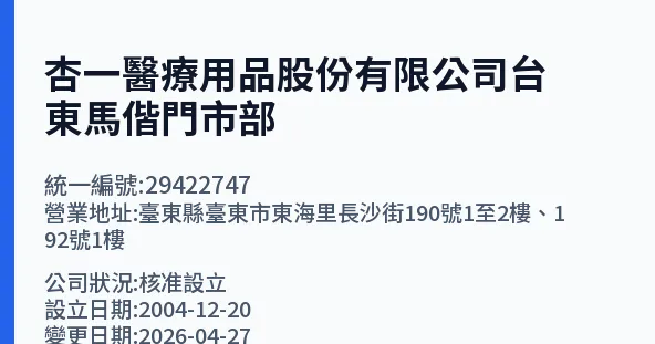杏一醫療用品股份有限公司台東馬偕門市部的照片-統編 29422747(臺東縣) 公司登記資料與營業項目詳細圖表