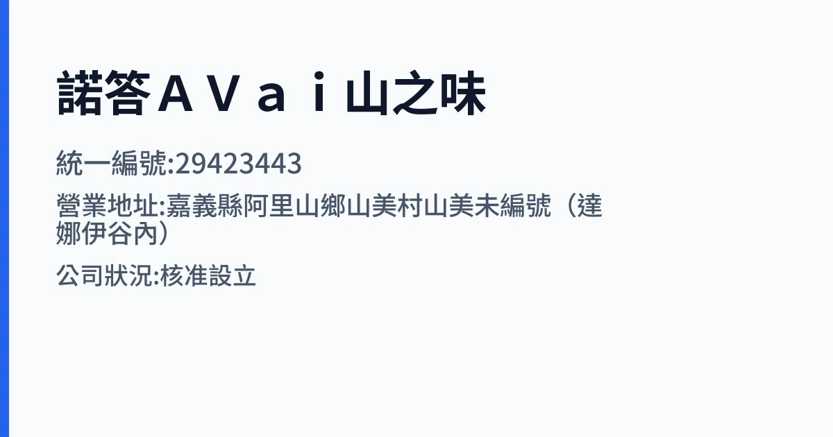 諾答ＡＶａｉ山之味 - 統編 29423443(嘉義縣) 公司登記資料與營業項目詳細圖表