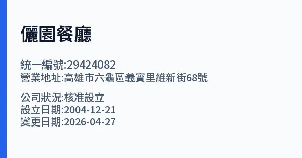 儷園餐廳的照片-統編 29424082(高雄市) 公司登記資料與營業項目詳細圖表