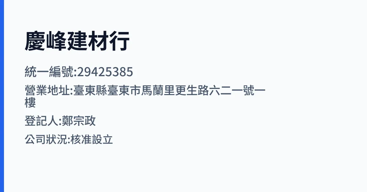 慶峰建材行 - 統編 29425385（臺東縣） 公司登記資料與營業項目詳細圖表