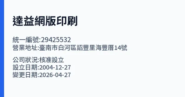 達益網版印刷的照片-統編 29425532(臺南市) 公司登記資料與營業項目詳細圖表