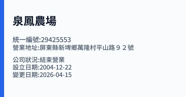 泉鳳農場的照片-統編 29425553(屏東縣) 公司登記資料與營業項目詳細圖表