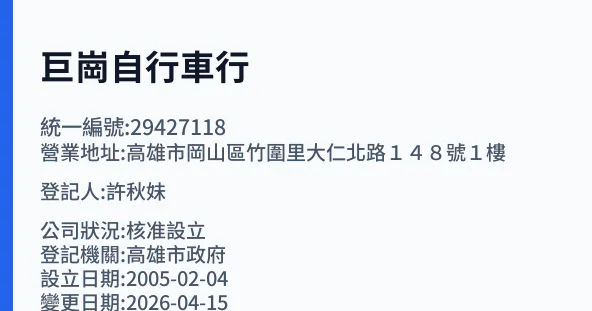 巨崗自行車行的照片-統編 29427118(高雄市) 公司登記資料與營業項目詳細圖表
