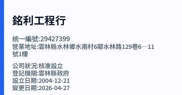 銘利工程行的照片-統編 29427399(雲林縣) 公司登記資料與營業項目詳細圖表