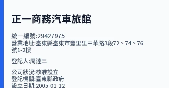 正一商務汽車旅館的照片-統編 29427975(臺東縣) 公司登記資料與營業項目詳細圖表