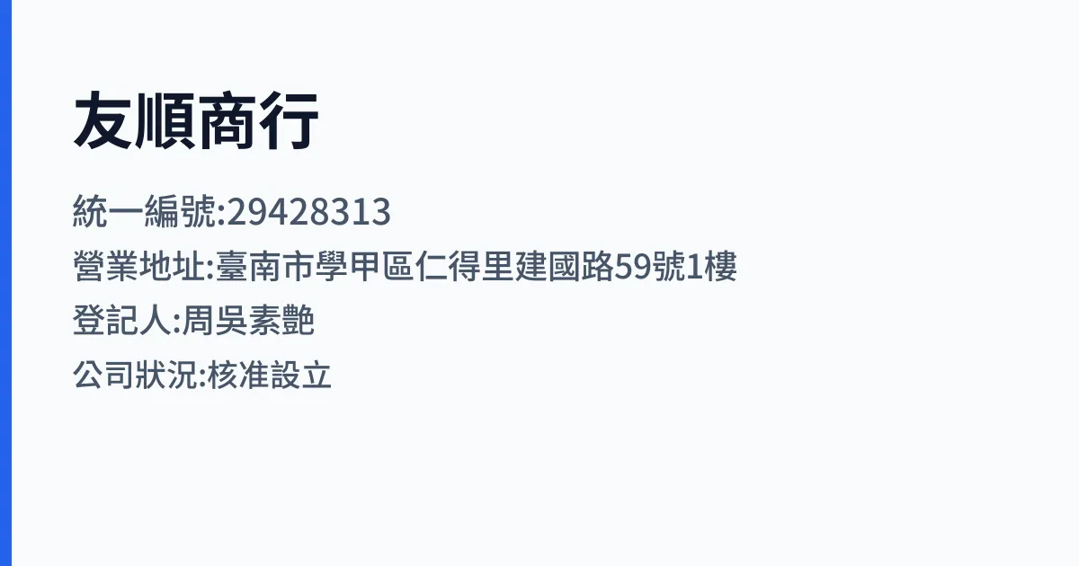 友順商行 - 統編 29428313(臺南市) 公司登記資料與營業項目詳細圖表