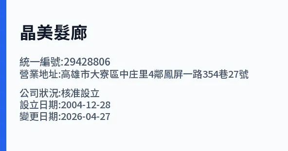 晶美髮廊的照片-統編 29428806(高雄市) 公司登記資料與營業項目詳細圖表