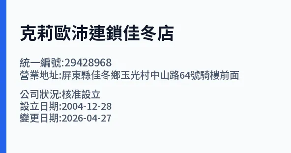 克莉歐沛連鎖佳冬店的照片-統編 29428968(屏東縣) 公司登記資料與營業項目詳細圖表
