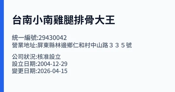 台南小南雞腿排骨大王的照片-統編 29430042(屏東縣) 公司登記資料與營業項目詳細圖表