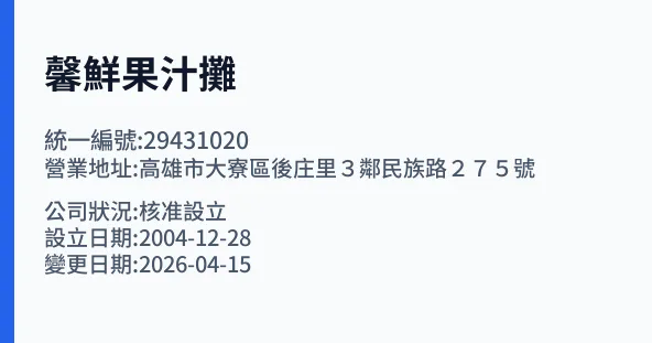 馨鮮果汁攤的照片-統編 29431020(高雄市) 公司登記資料與營業項目詳細圖表