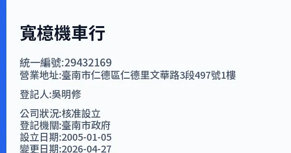 寬檍機車行的照片-統編 29432169(臺南市) 公司登記資料與營業項目詳細圖表