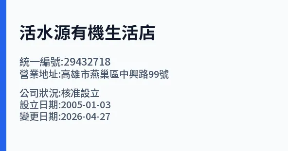 活水源有機生活店的照片-統編 29432718(高雄市) 公司登記資料與營業項目詳細圖表