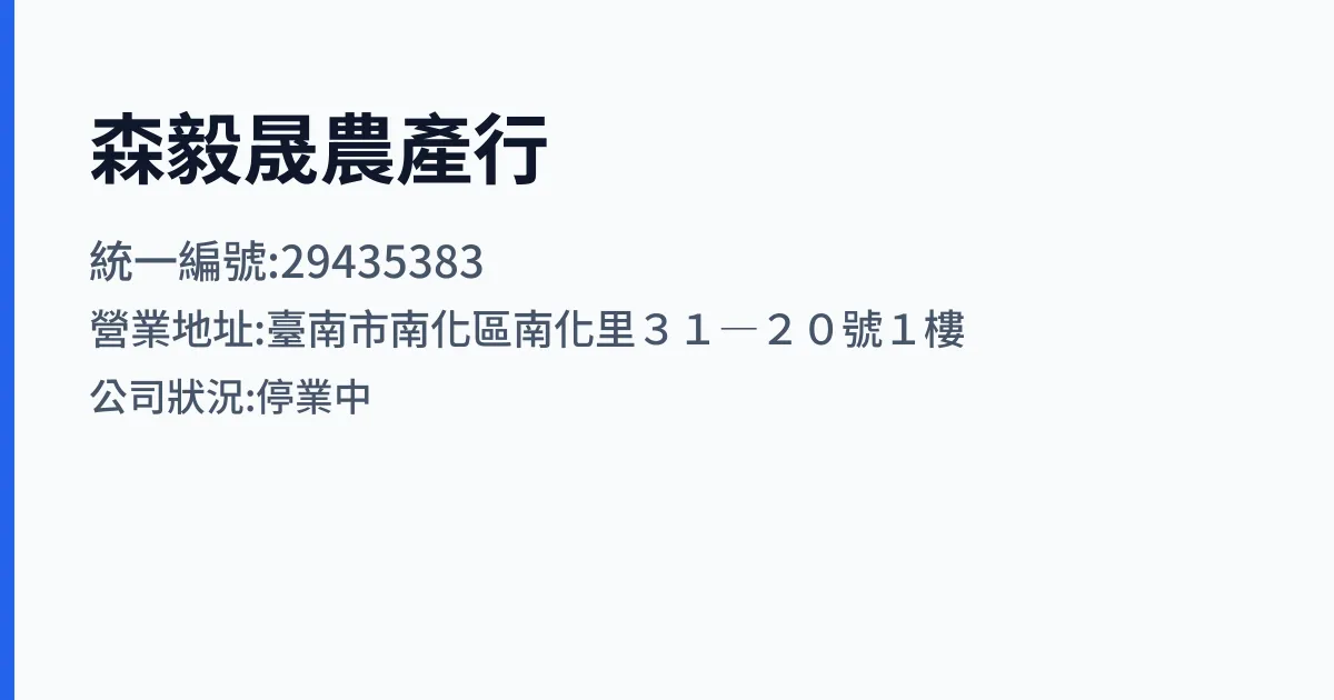 森毅晟農產行 - 統編 29435383(臺南市) 公司登記資料與營業項目詳細圖表