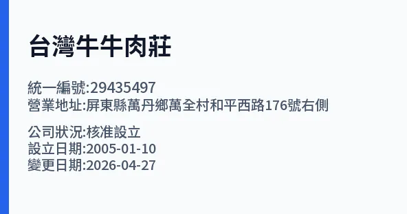 台灣牛牛肉莊的照片-統編 29435497(屏東縣) 公司登記資料與營業項目詳細圖表