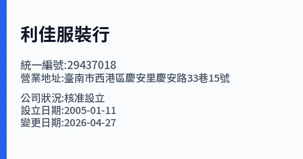 利佳服裝行的照片-統編 29437018(臺南市) 公司登記資料與營業項目詳細圖表