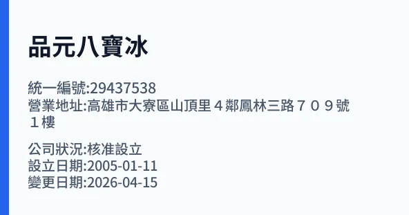 品元八寶冰的照片-統編 29437538(高雄市) 公司登記資料與營業項目詳細圖表