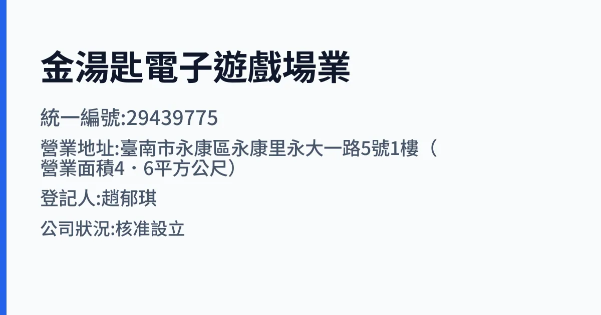 金湯匙電子遊戲場業 - 統編 29439775(臺南市) 公司登記資料與營業項目詳細圖表