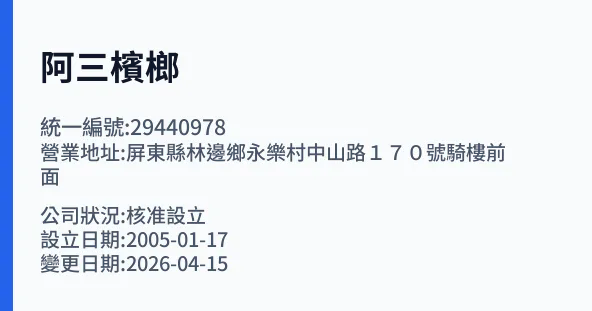 阿三檳榔的照片-統編 29440978(屏東縣) 公司登記資料與營業項目詳細圖表