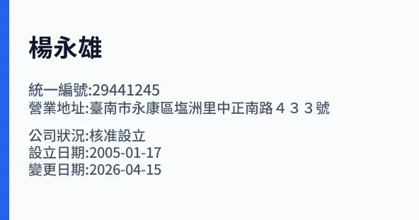 楊永雄的照片-統編 29441245(臺南市) 公司登記資料與營業項目詳細圖表