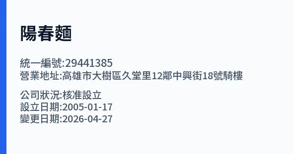 陽春麵的照片-統編 29441385(高雄市) 公司登記資料與營業項目詳細圖表