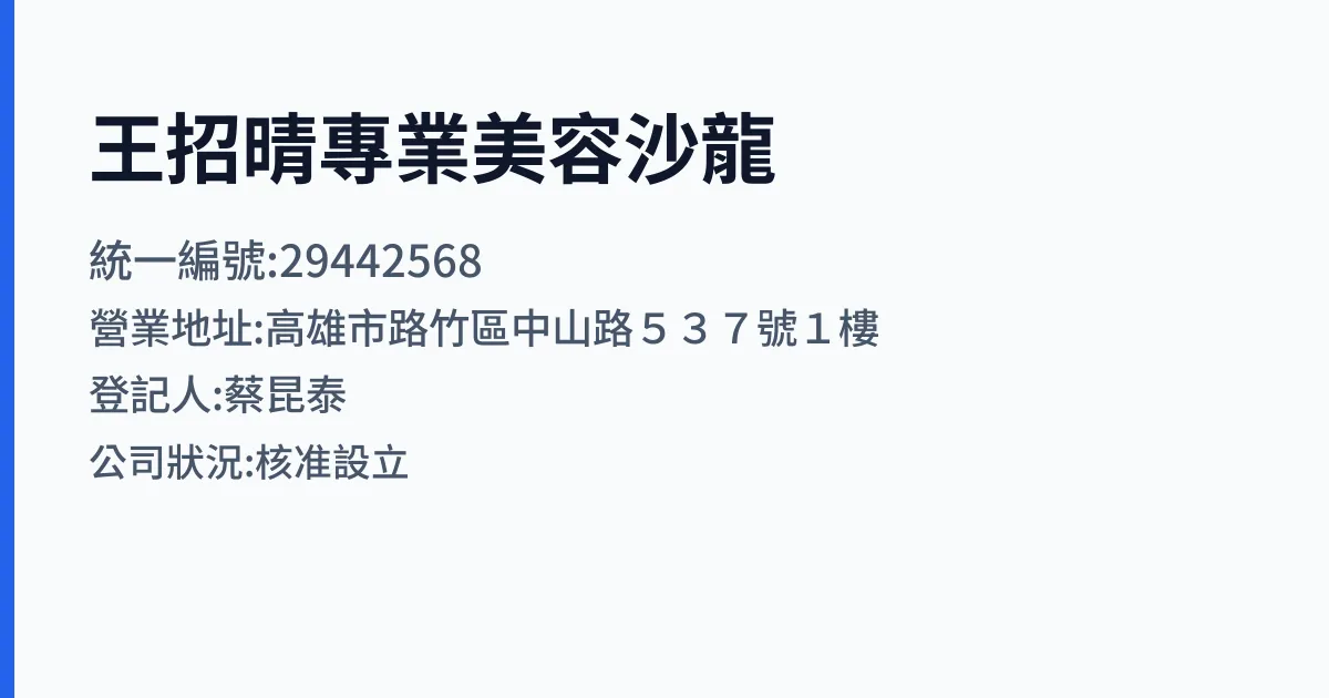 王招晴專業美容沙龍 - 統編 29442568(高雄市) 公司登記資料與營業項目詳細圖表