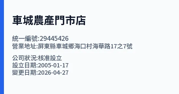 車城農產門市店的照片-統編 29445426(屏東縣) 公司登記資料與營業項目詳細圖表