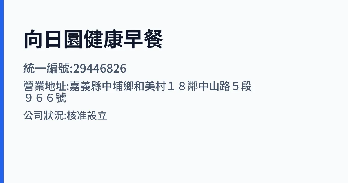 向日園健康早餐 - 統編 29446826(嘉義縣) 公司登記資料與營業項目詳細圖表