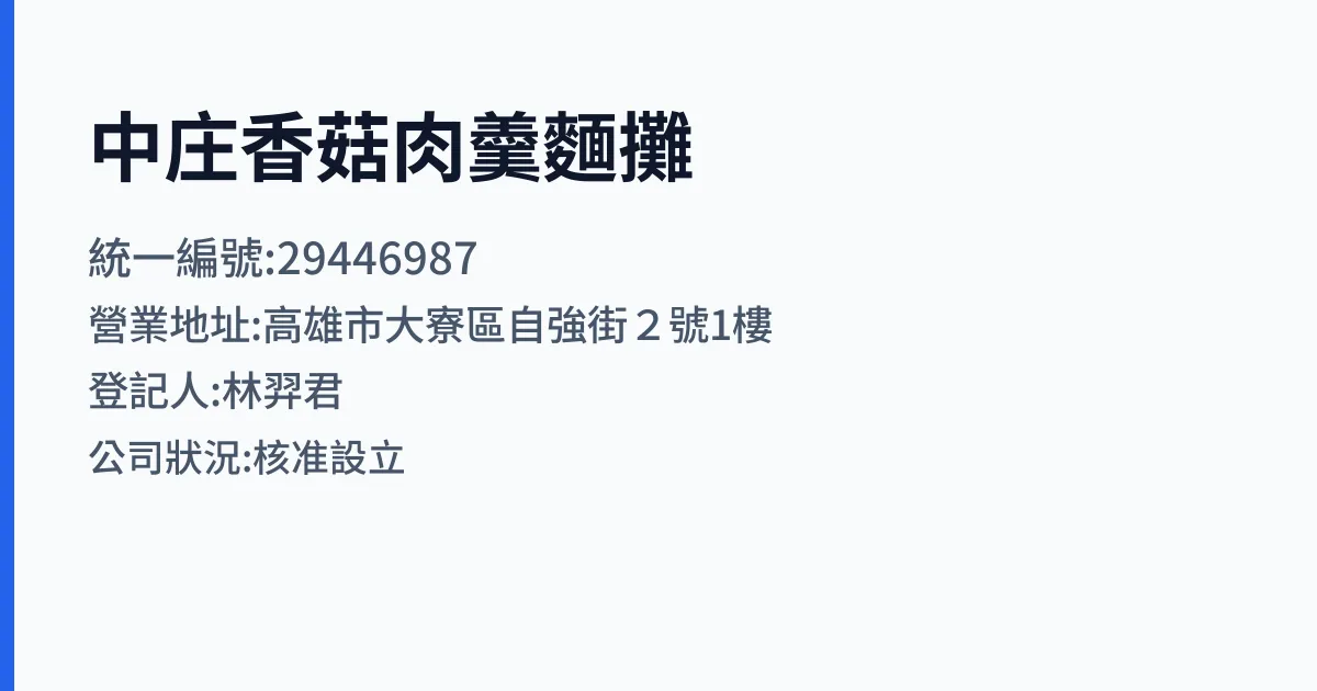 中庄香菇肉羹麵攤 - 統編 29446987(高雄市) 公司登記資料與營業項目詳細圖表