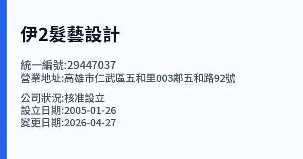 伊2髮藝設計的照片-統編 29447037(高雄市) 公司登記資料與營業項目詳細圖表
