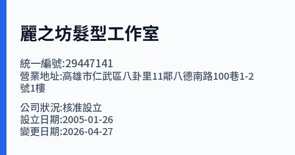 麗之坊髮型工作室的照片-統編 29447141(高雄市) 公司登記資料與營業項目詳細圖表