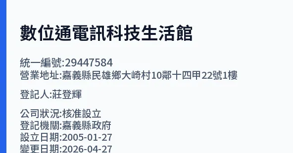 數位通電訊科技生活館的照片-統編 29447584(嘉義縣) 公司登記資料與營業項目詳細圖表