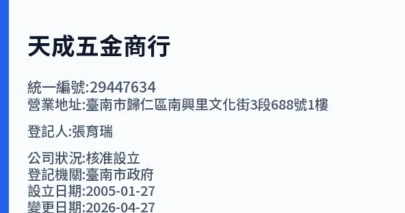 天成五金商行的照片-統編 29447634(臺南市) 公司登記資料與營業項目詳細圖表