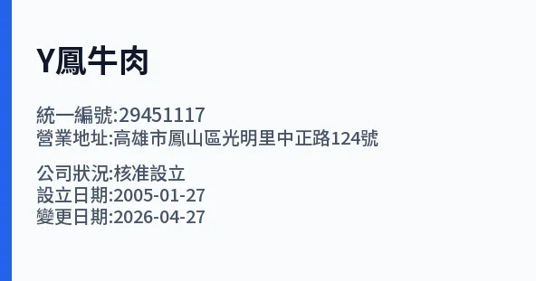 Y鳳牛肉的照片-統編 29451117(高雄市) 公司登記資料與營業項目詳細圖表