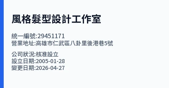風格髮型設計工作室的照片-統編 29451171(高雄市) 公司登記資料與營業項目詳細圖表