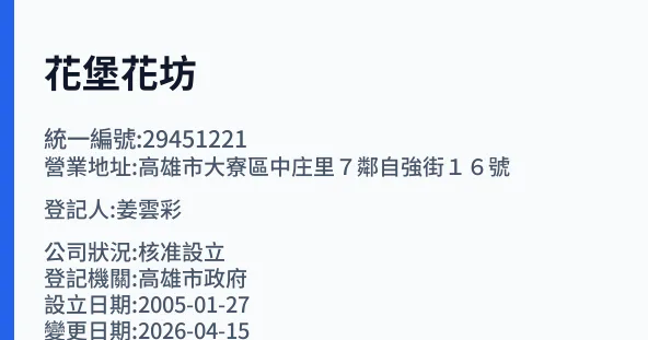 花堡花坊的照片-統編 29451221(高雄市) 公司登記資料與營業項目詳細圖表