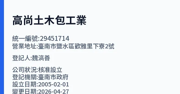 高尚土木包工業的照片-統編 29451714(臺南市) 公司登記資料與營業項目詳細圖表