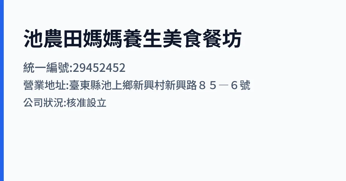 池農田媽媽養生美食餐坊 - 統編 29452452(臺東縣) 公司登記資料與營業項目詳細圖表