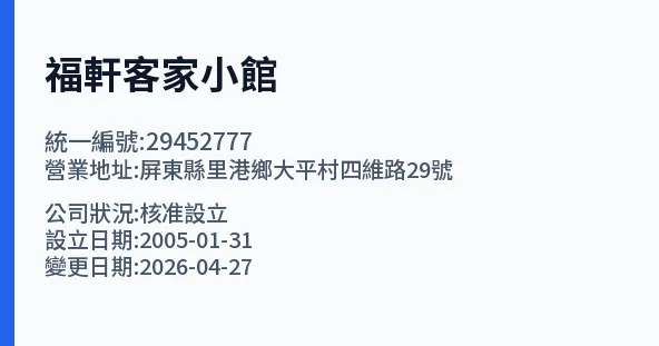 福軒客家小館的照片-統編 29452777(屏東縣) 公司登記資料與營業項目詳細圖表
