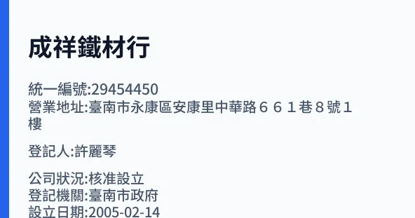 成祥鐵材行的照片-統編 29454450(臺南市) 公司登記資料與營業項目詳細圖表