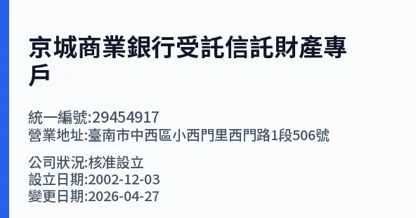 京城商業銀行受託信託財產專戶的照片-統編 29454917(臺南市) 公司登記資料與營業項目詳細圖表