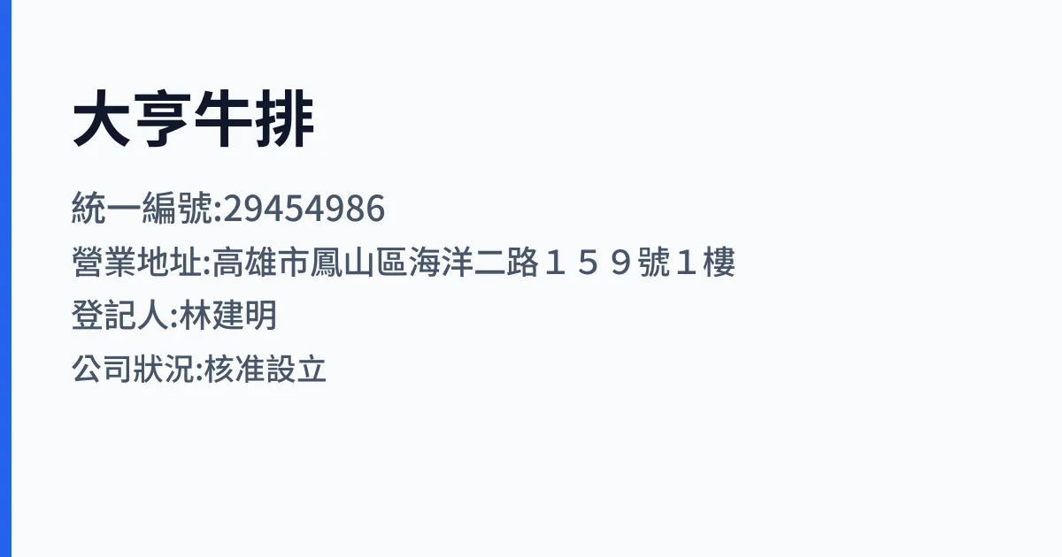 大亨牛排 - 統編 29454986(高雄市) 公司登記資料與營業項目詳細圖表