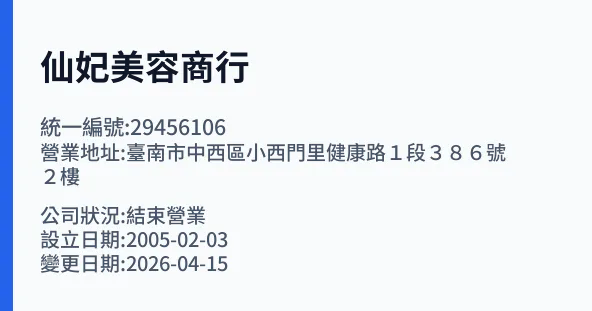 仙妃美容商行的照片-統編 29456106(臺南市) 公司登記資料與營業項目詳細圖表