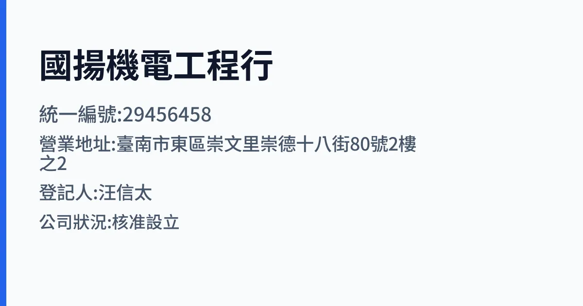 國揚機電工程行 - 統編 29456458(臺南市) 公司登記資料與營業項目詳細圖表
